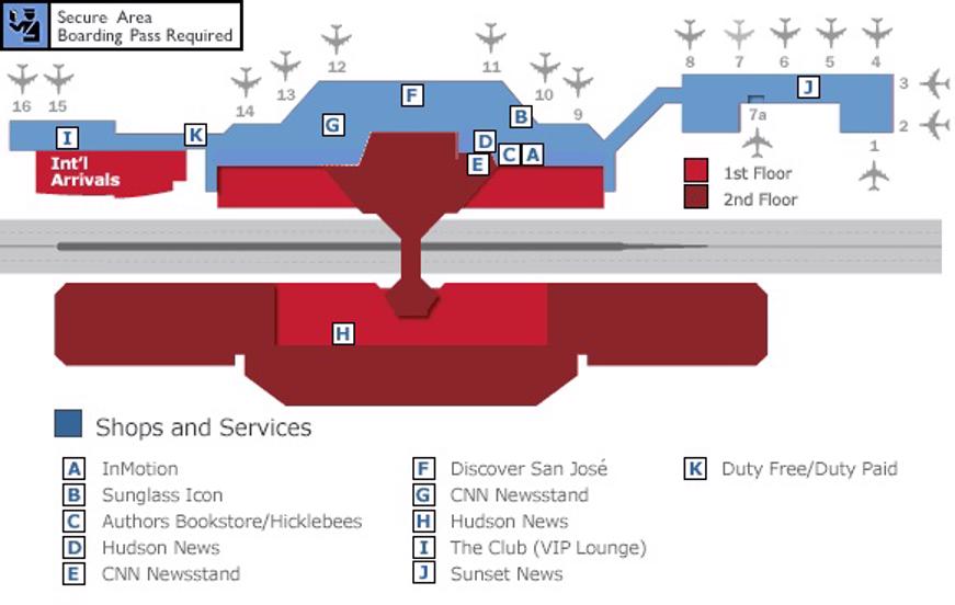 San Jose Airport Map (SJC) - Printable Terminal Maps, Shops, Food ...